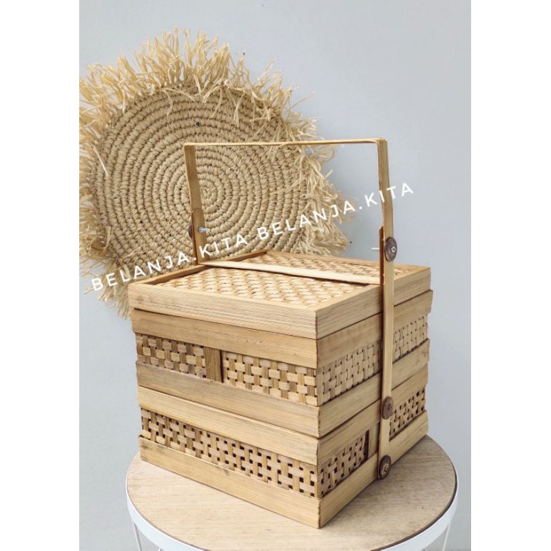 Jual rantang bambu kotak 25cm susun2 putih natural | Shopee Indonesia