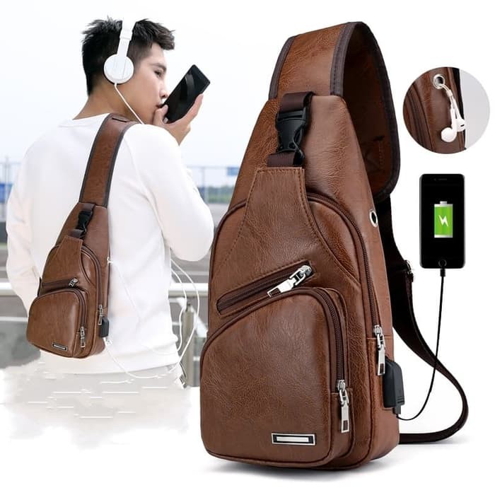 Jual Sling bag kulit pria selebgram kekinian PU LEATHER USB PORT murah ...