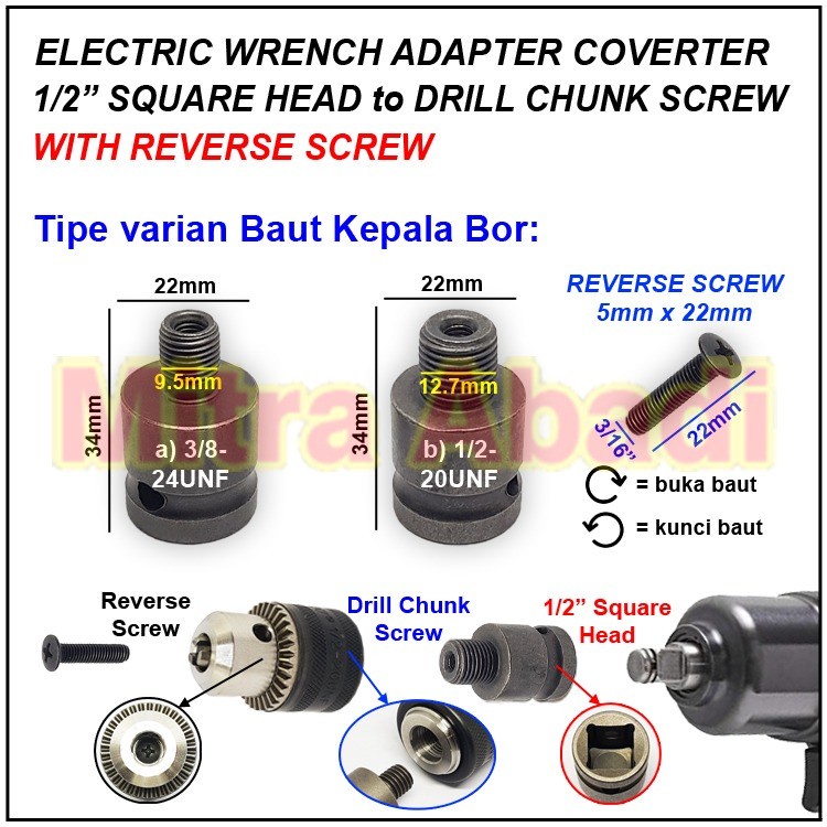 Jual Adapter Converter 1/2" SQUARE HEAD to DRILL CHUNK with REVERSE ...