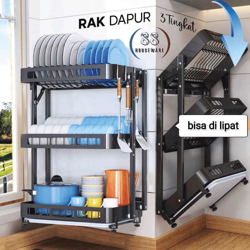 Jual Rak Piring Dapur 3 Tingkat Lipat Gantung Tempel Dinding kait Sutil ...