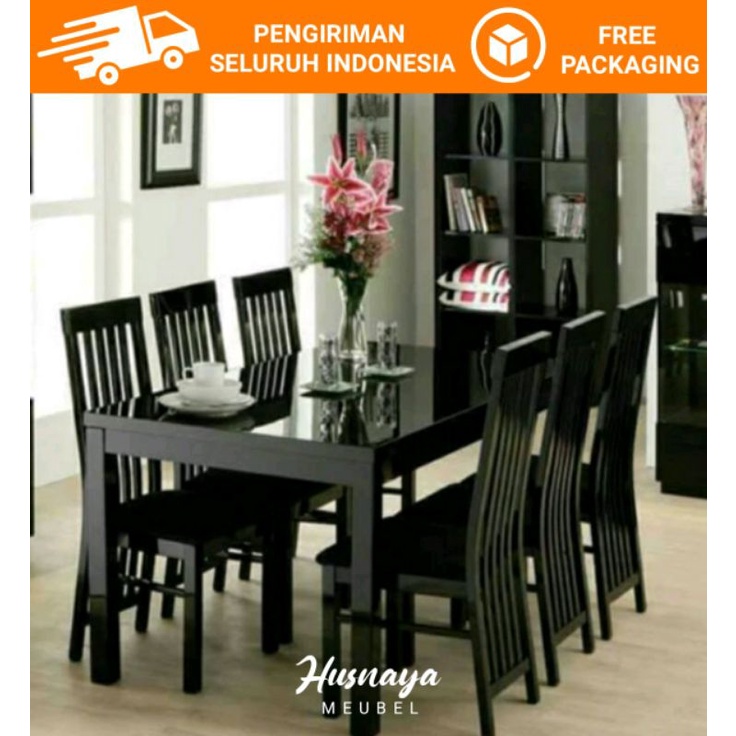 Jual MEJA MAKAN MINIMALIS BALERO 6 KURSI KAYU JATI ASLI WARNA HITAM GLOSSY FURNITURE JEPARA ...