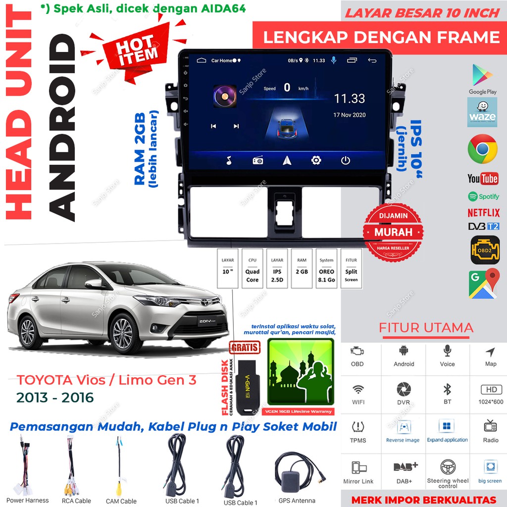 Jual Head Unit Android 10 in Toyota Vios Limo Gen 3 RAM 2GB 2.5D Split ...