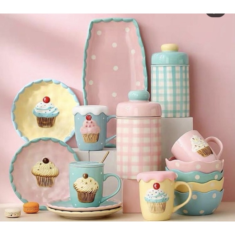 Jual piring set warna warni ceramic cupcake pastel tercantik ultah ...