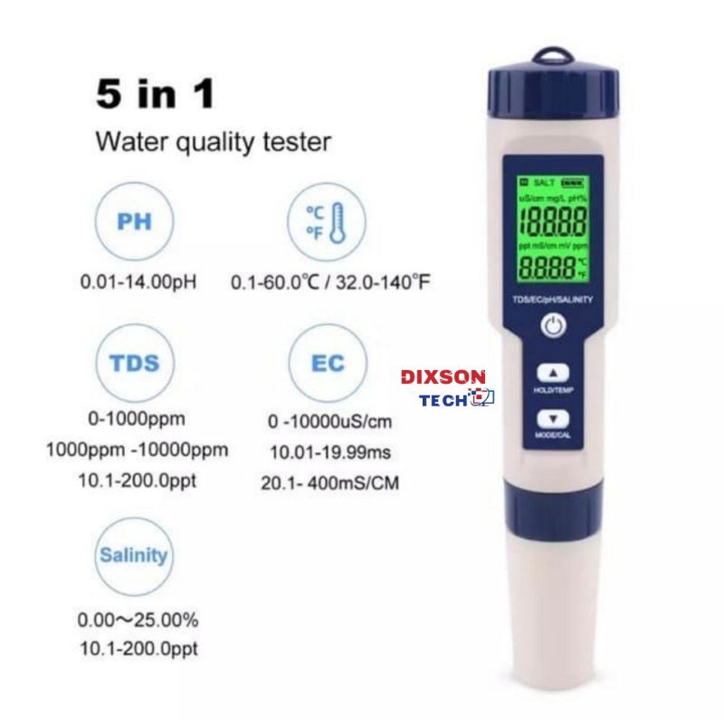 Jual Alat Ukur Kualitas Air Digital 5 IN 1 PH TDS EC SALINITY ...