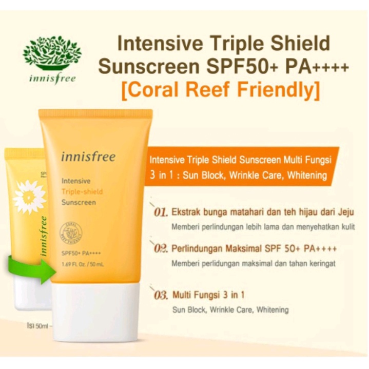 Jual Innisfree Intensive Triple Shield Sunscreen SPF 50+ PA++++ 3 IN 1 | Shopee Indonesia