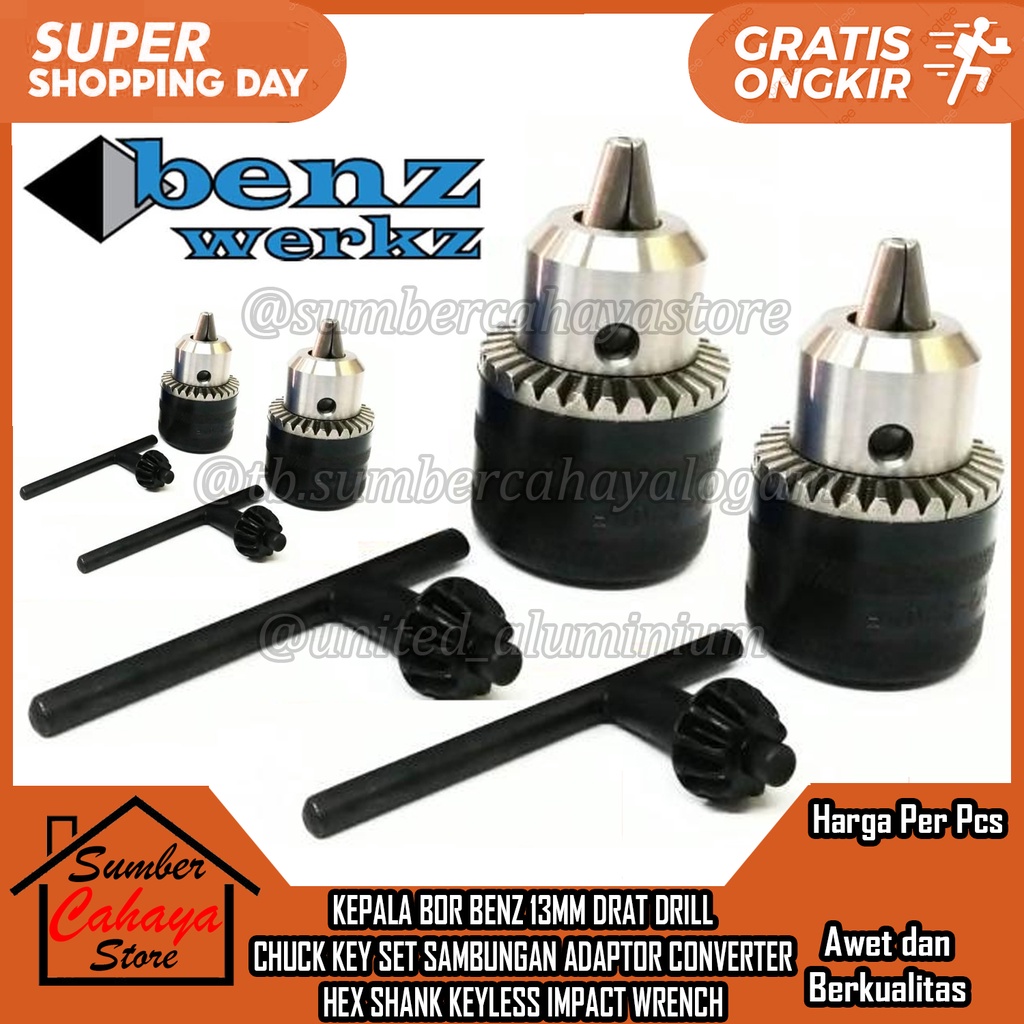 Jual KEPALA BOR DRAT DERAT BENZ 13MM DRILL CHUCK KEY SET SAMBUNGAN ...