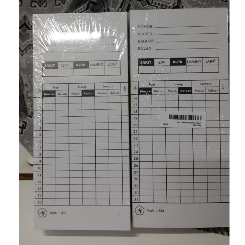 Jual KARTU ABSEN / KARTU ABSENSI KARYAWAN AMANO 333 ISI 100L | Shopee ...