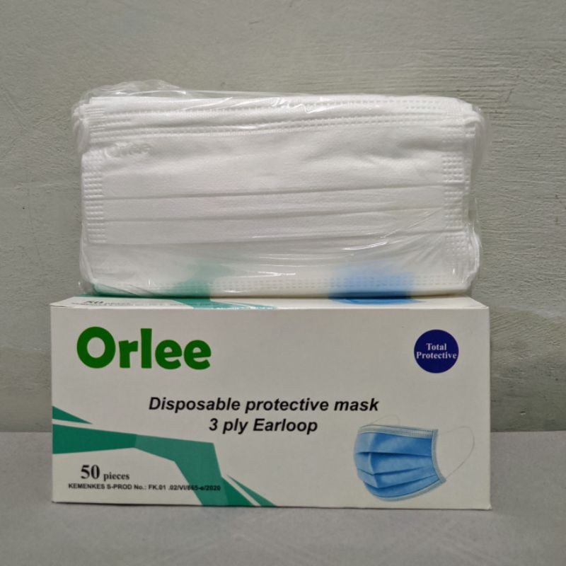 Jual ORLEE Masker Cantol Putih Non Medis Bedah 3 Ply Earloop 50 Pcs ...