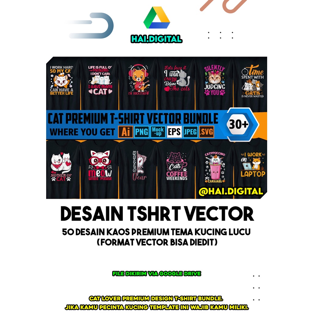 Jual 50 Desain Kaos Premium Tema Kucing Lucu (Format Vector Bisa Diedit ...