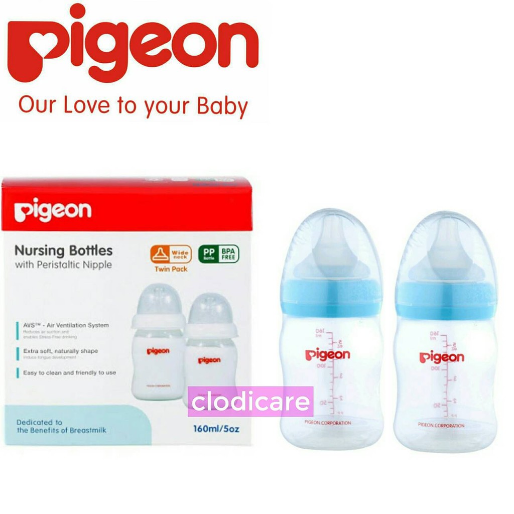Jual Pigeon PP Bottle Twin Pack Wide Neck with Peristaltic Plus Nipple 160ml Paket 2in1 | Shopee ...