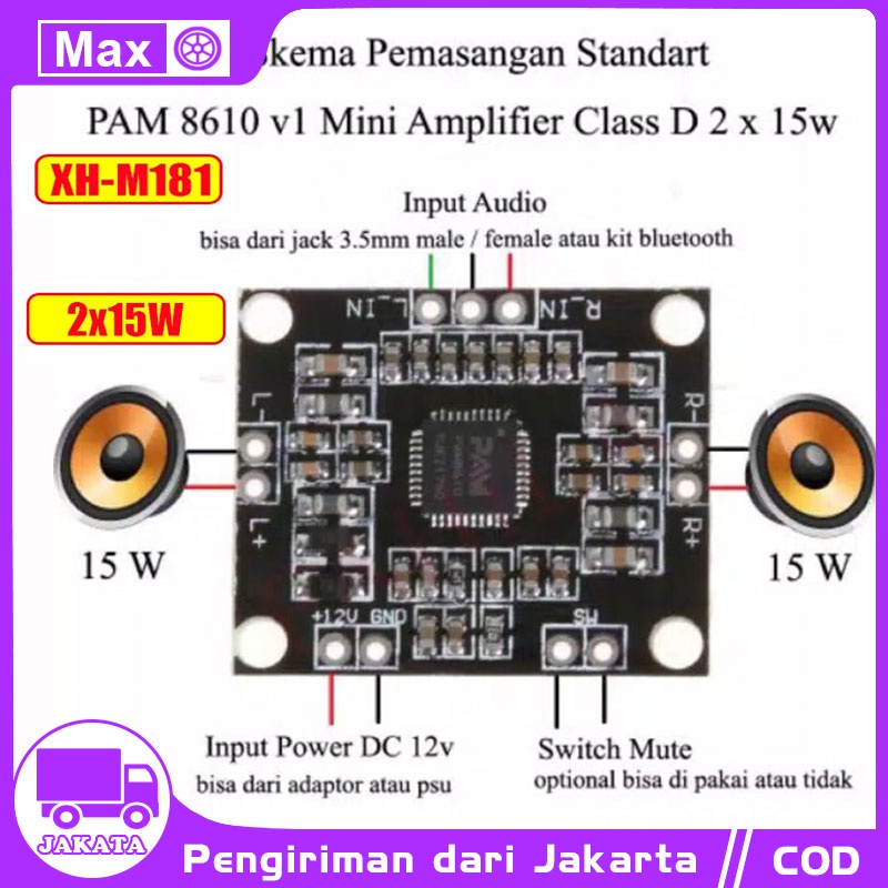 Jual Mini Power PAM8610 15w + 15w XH-M181 HW-009 Digital Audio Amplifier Class D 12v PAM 8610 ...