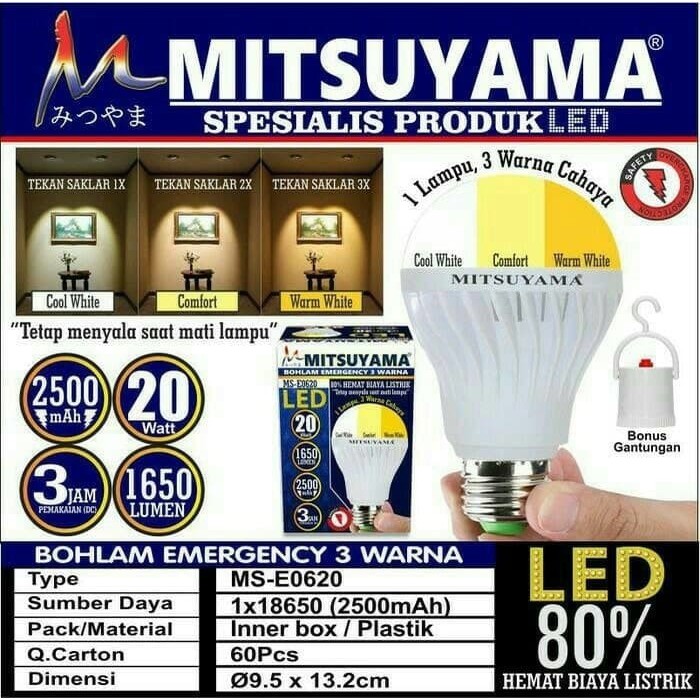 Jual LAMPU BOHLAM EMERGENCY 3 WARNA 20 WATT MITSUYAMA MS-E0620 | Shopee Indonesia