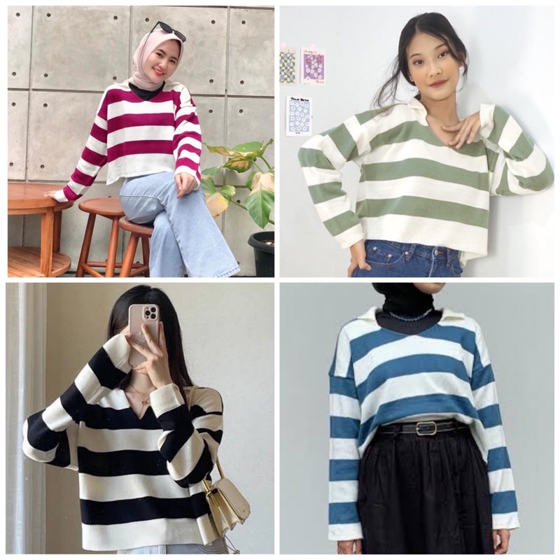 Jual BAJU RAJUT CROPTOP BLASTER GARIS SALUR PREMIUM FUJI SWEATER/Baju rajut kekinian/baju model ...