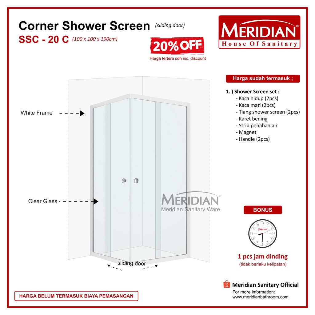 Jual Shower Box MERIDIAN SSC 20 C (100 x 100 x 190 cm) FRAME WHITE ...