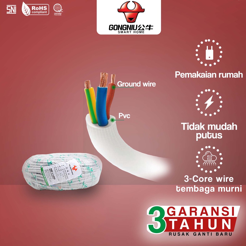 Jual GONGNIU Kabel Listrik NYMHY Grounding 3 x 0,75mm Kabel Stop Kontak Kabel Serabut | Shopee ...