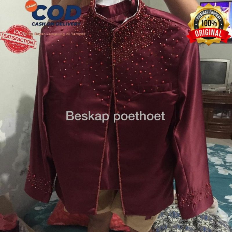 Jual Jas beskap pengantin merah maroon set lengkap celana dan peci ...