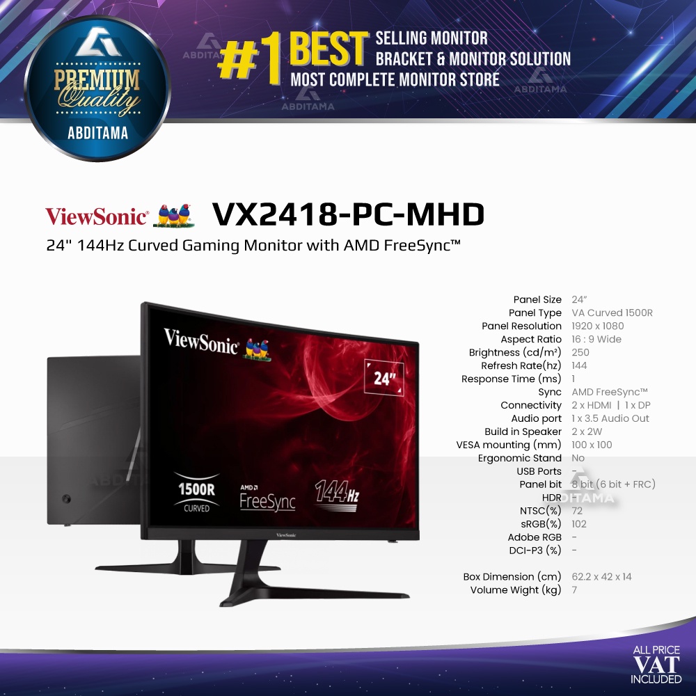 Jual Monitor LED Viewsonic VX2418-PC-MHD 24" VA Curved 1080p 144Hz HDMI ...