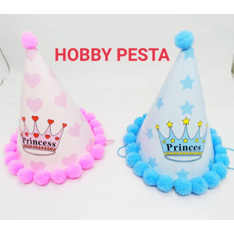 Jual TOPI ULANG TAHUN KERUCUT HBD POMPOM PRINCE PRINCESS 45 / TOPI ...