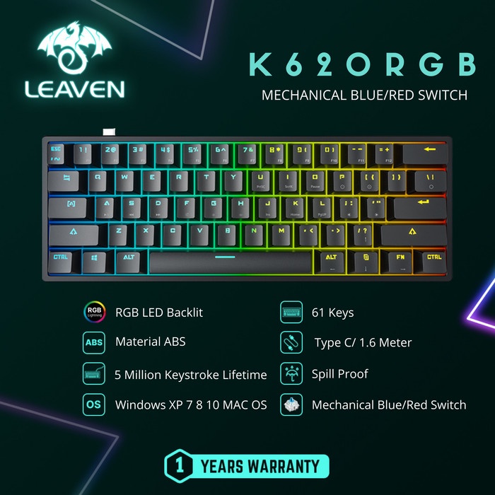 Jual Leaven K620 Keyboard Gaming Mechanical RGB 61 Keys 60% Outemu ...