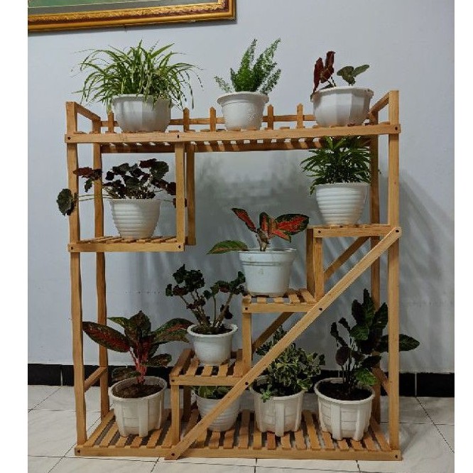 Jual rak bunga modern wooden shelf plant 4 tingkat model tangga unik ...