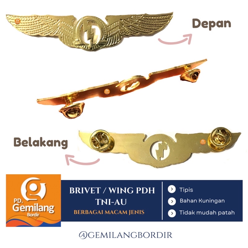 Jual BRIVET / WING PDH TNI-AU | Pin kuningan - Tipis [ brevet kuningan ...