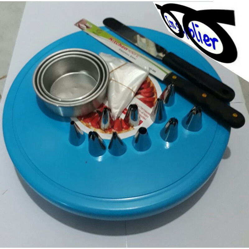 Jual Dekorasi kue satu set meja putar loyang bulat spuit pisau dan ...