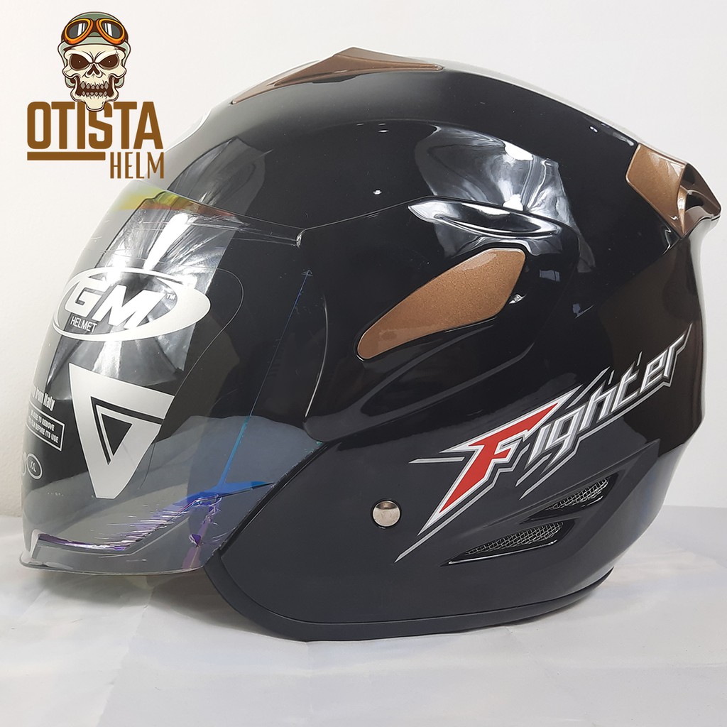 Jual Helm Half Face Gm Fighter Solid Black Metalic Glossy Polos ...