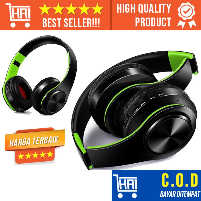 BLUETOOTH HEADPHONE WITH MIC STEREO SIMPLE DESIGN WIRELESS HIJAU LIPAT ...