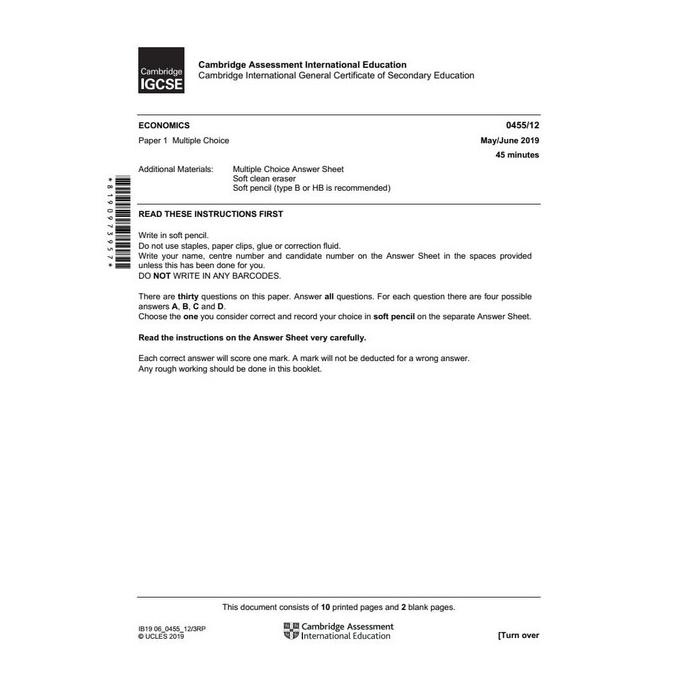 Jual IGCSE Economics 0455 May/June past papers and mark schemes 2010 ...