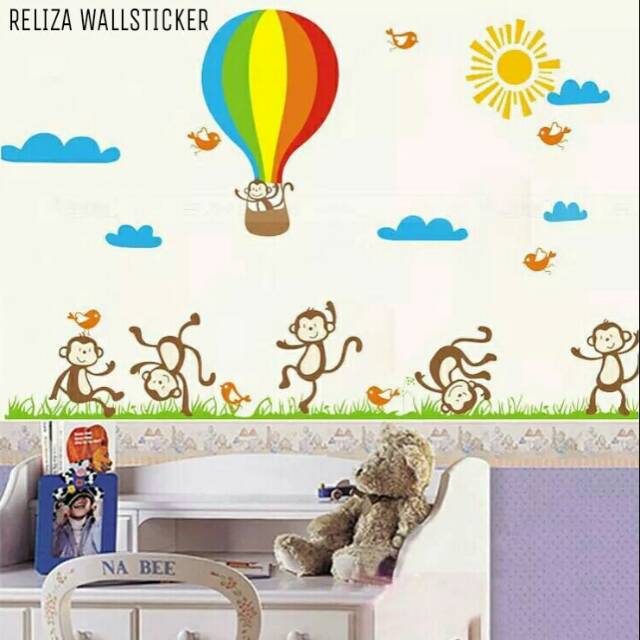 RELIZA WALL STICKER MONYET BALON UDARA MONKEY KIDS ANAK ANIMAL STIKER ...