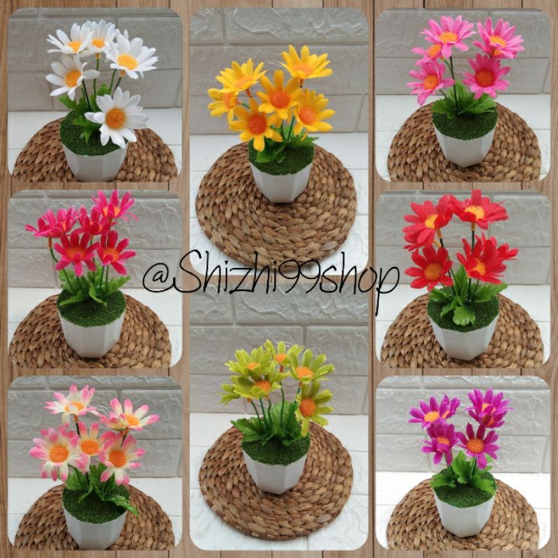 Jual Bunga Hias Daisy Mini / Rangkaian Bunga Artificial + Pot Bunga ...
