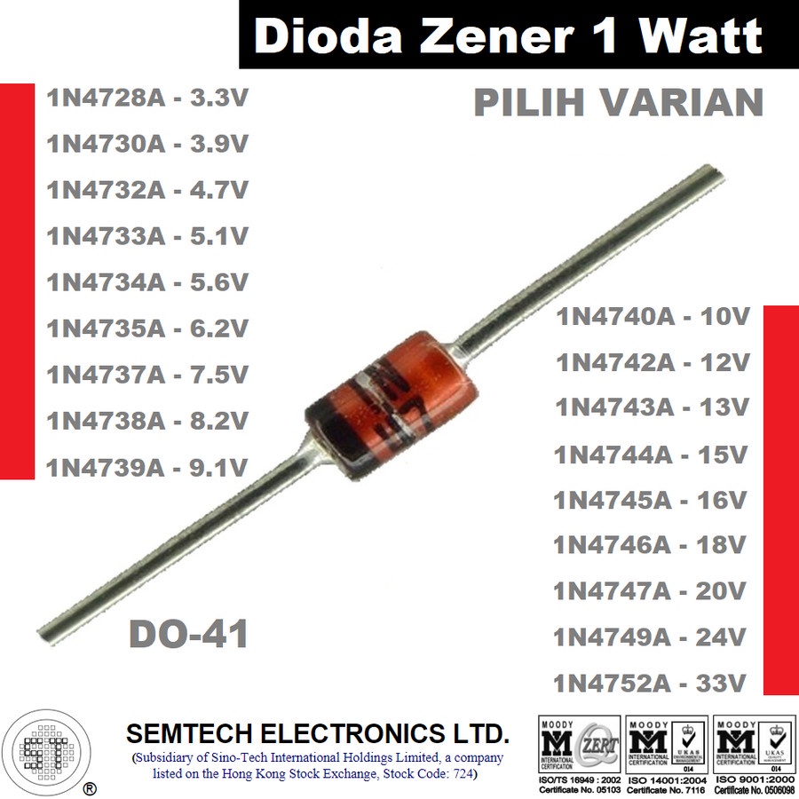Jual Dioda Zener 1N4745A Zener DIode 1N4745A Diode Zener 16V 1W Dioda ...