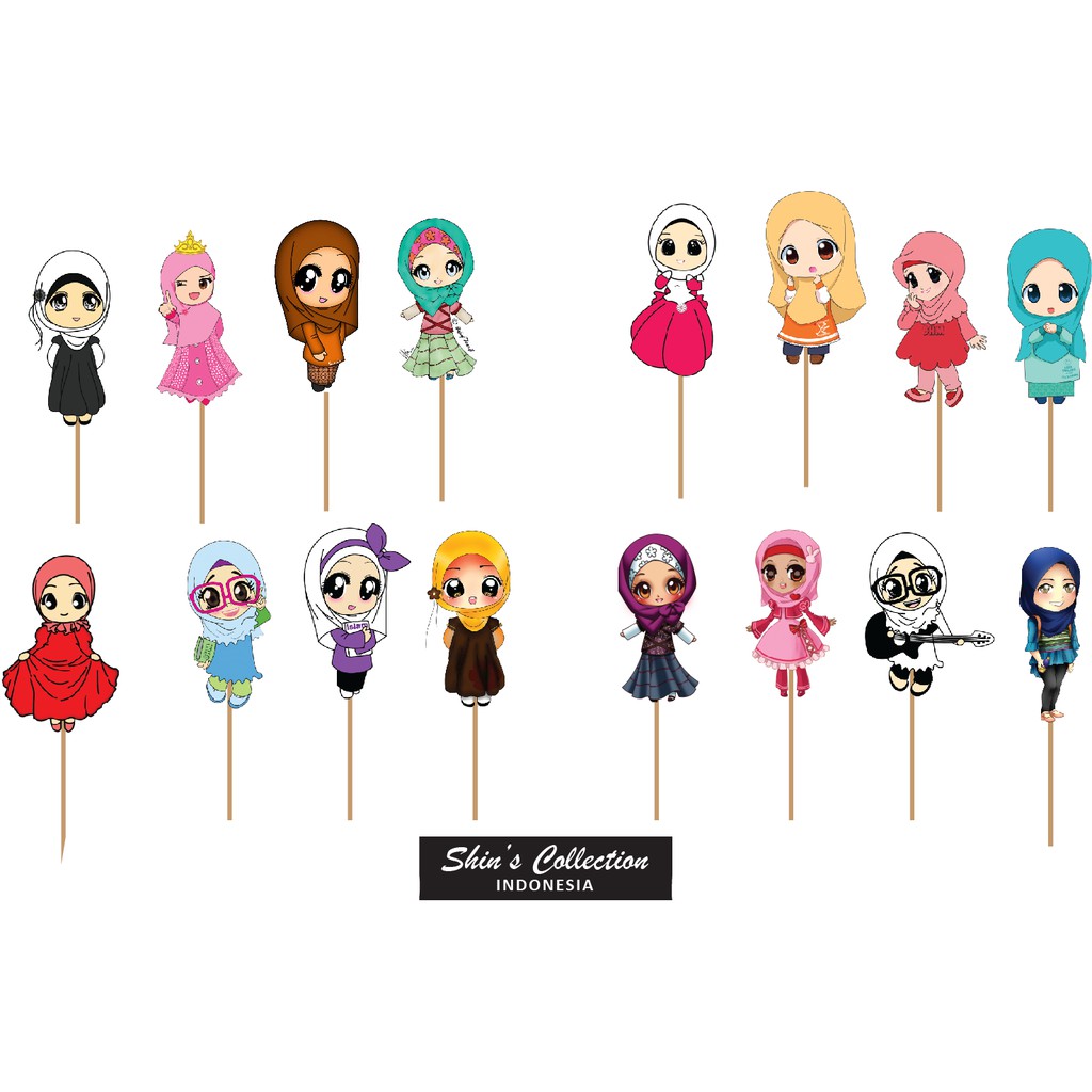 Jual Cake topper Hijaber Kerudung cartoon 1 set isi 16 pcs | Shopee ...