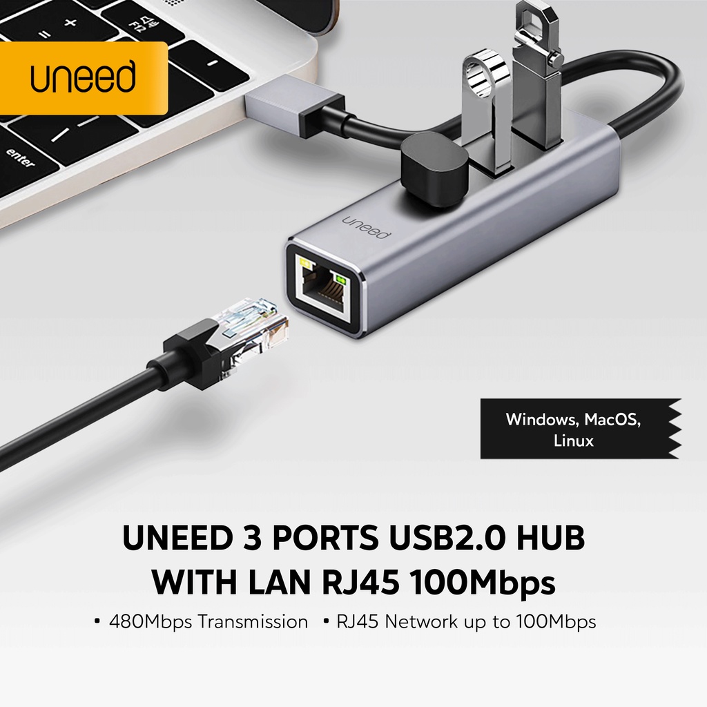 Jual UNEED Adapter USB HUB to LAN Ethernet RJ45 + 3ports USB A - UUH104 ...