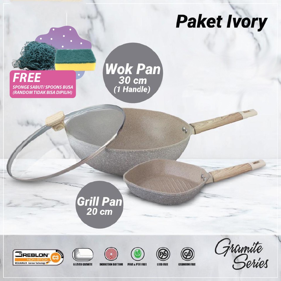 Jual STEIN/STEINCOOKWARE/WOK/GRILL/KUALI/PAN/GRANITE SERIES/GREBLON PAKET IVORY | Shopee Indonesia