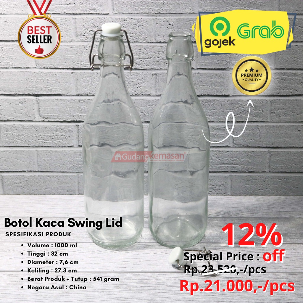 Jual BOTOL KACA BENING 1000ML SWING LID PER 25PCS | Shopee Indonesia
