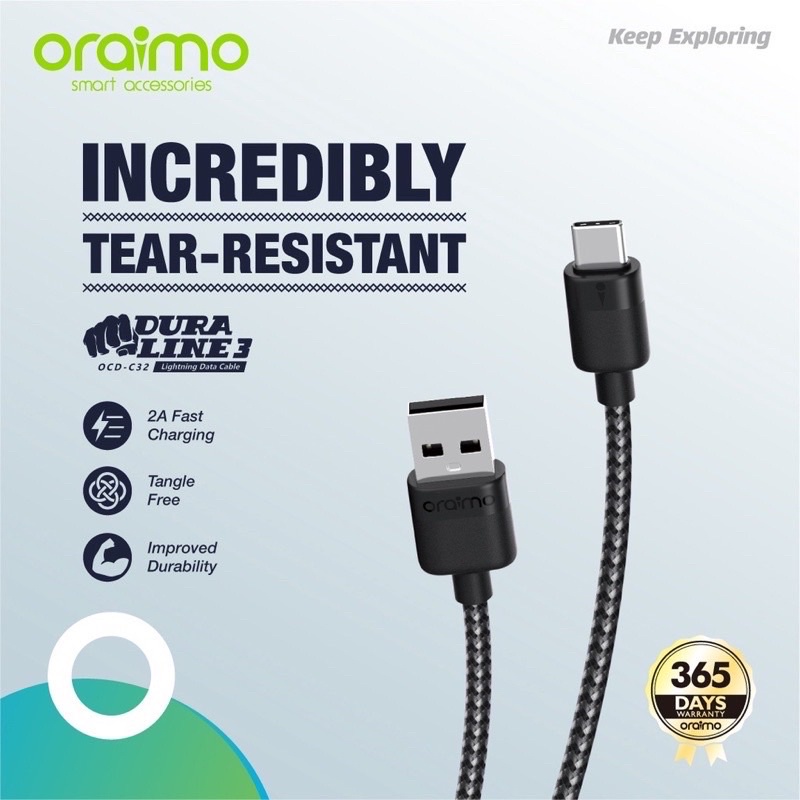 Jual Oraimo OCD-C32 Duraline 3 Kabel Data Type-C Android Cable 2A Fast & Durable - Garansi 1 ...