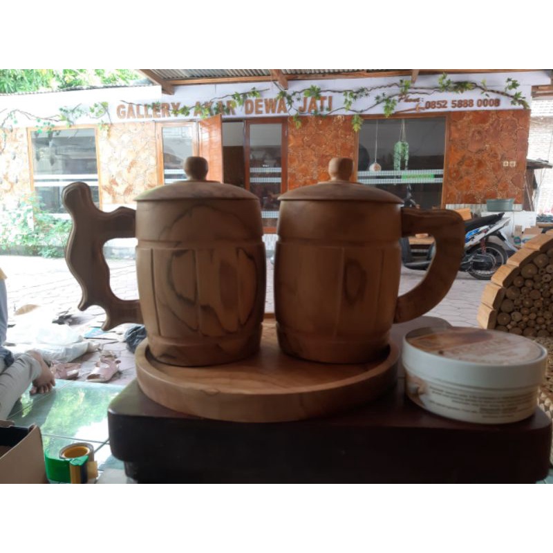 Jual Mug | Gelas | Cangkir Kayu Jati 500ml | Shopee Indonesia