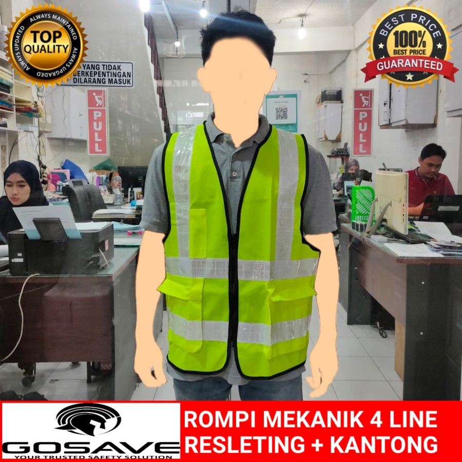 Jual Rompi Safety Polyester Hijau 4 Line Mekanik Rompi Proyek kantong ...