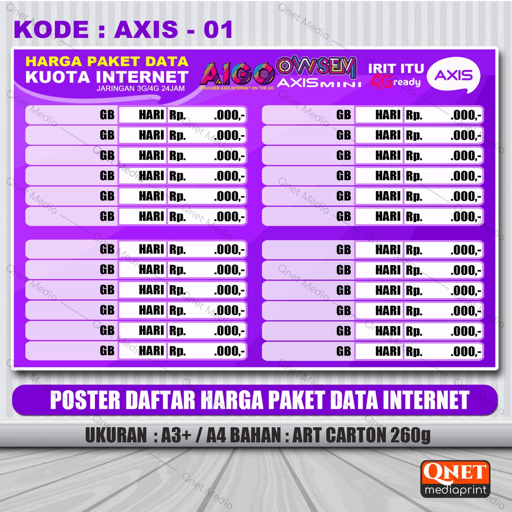 Jual POSTER KONTER DAFTAR HARGA PAKET ISI ULANG KUOTA (CUSTOM ...