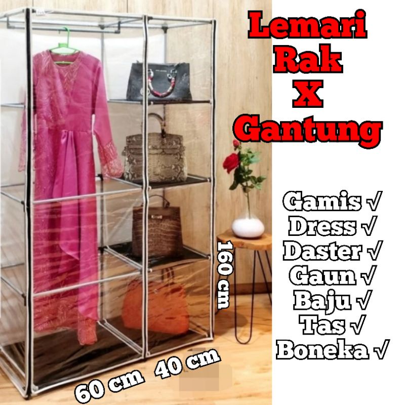 Jual Lemari Rak X Gantung Gamis Jumbo Transparan Baju Pakaian Cover ...