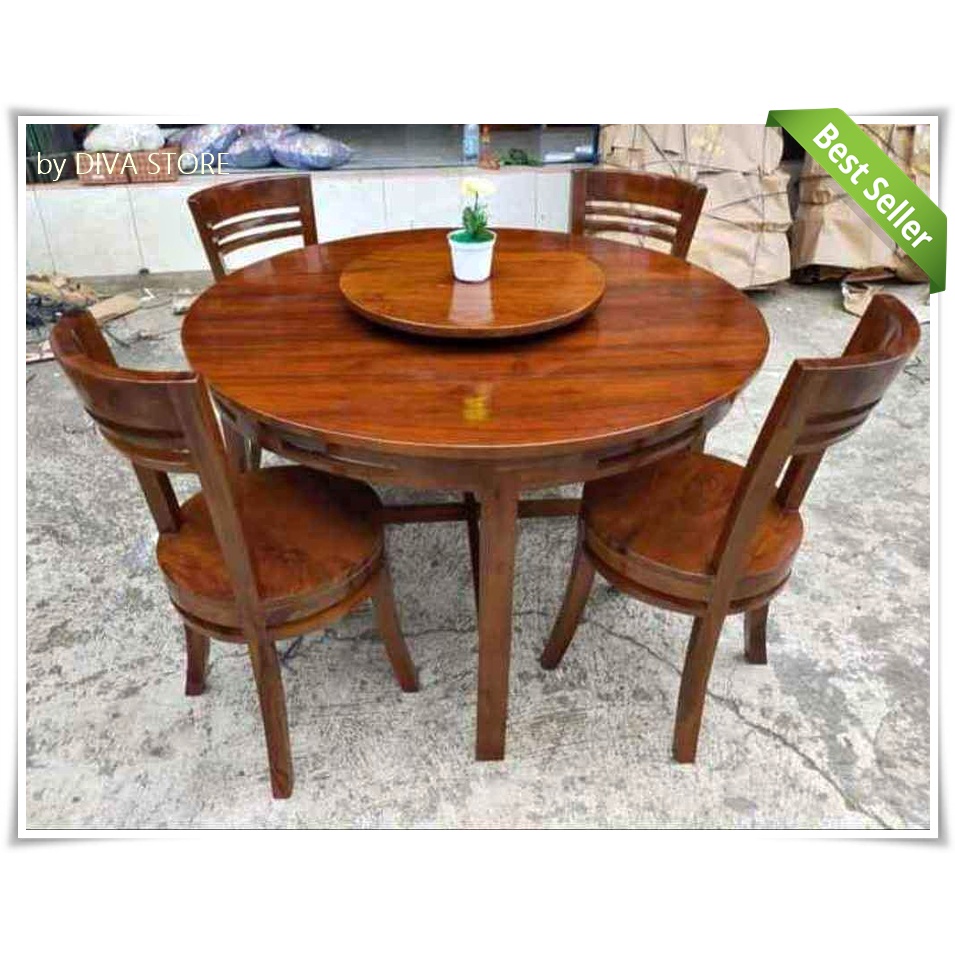 Jual Meja Makan 4 Kursi Kayu Jati Meja Putar Bulat Modern Minimalis | Shopee Indonesia