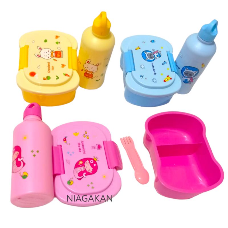 Jual Kotak Bekal Makan Anak Set Botol Minum / Lunch Box Anak Kartun Kids Dengan Botol Air ...