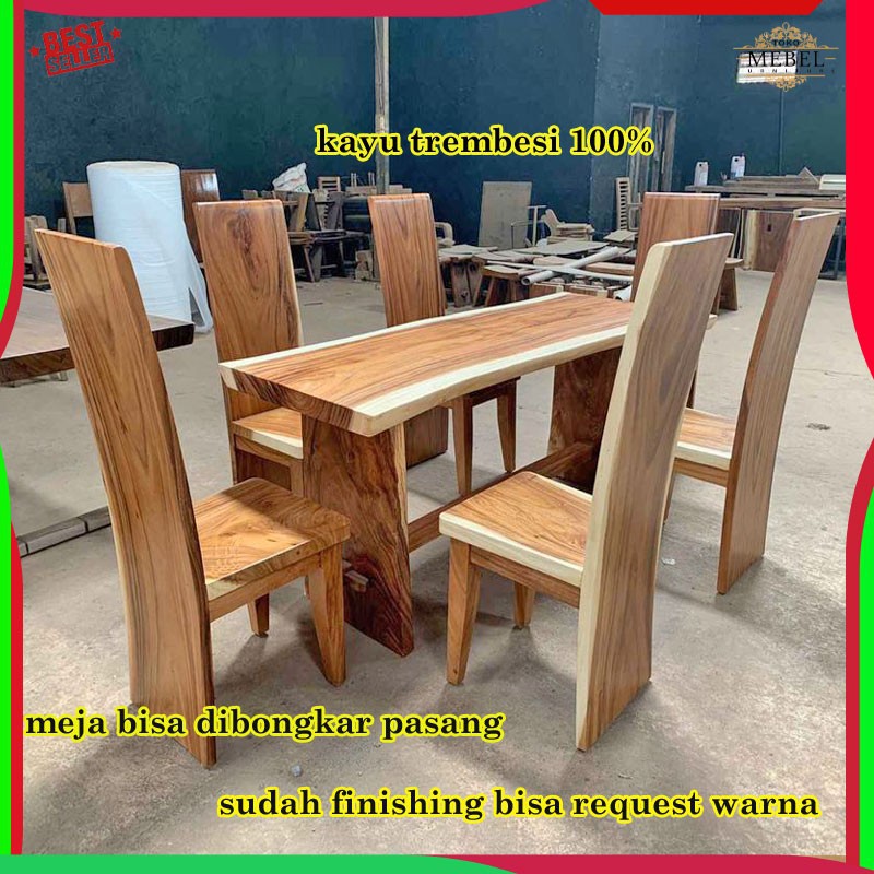 Jual Meja Makan Blok Trembesi Kursi 6 Kayu Meh Suar Minimalis furniture jepara | Shopee Indonesia