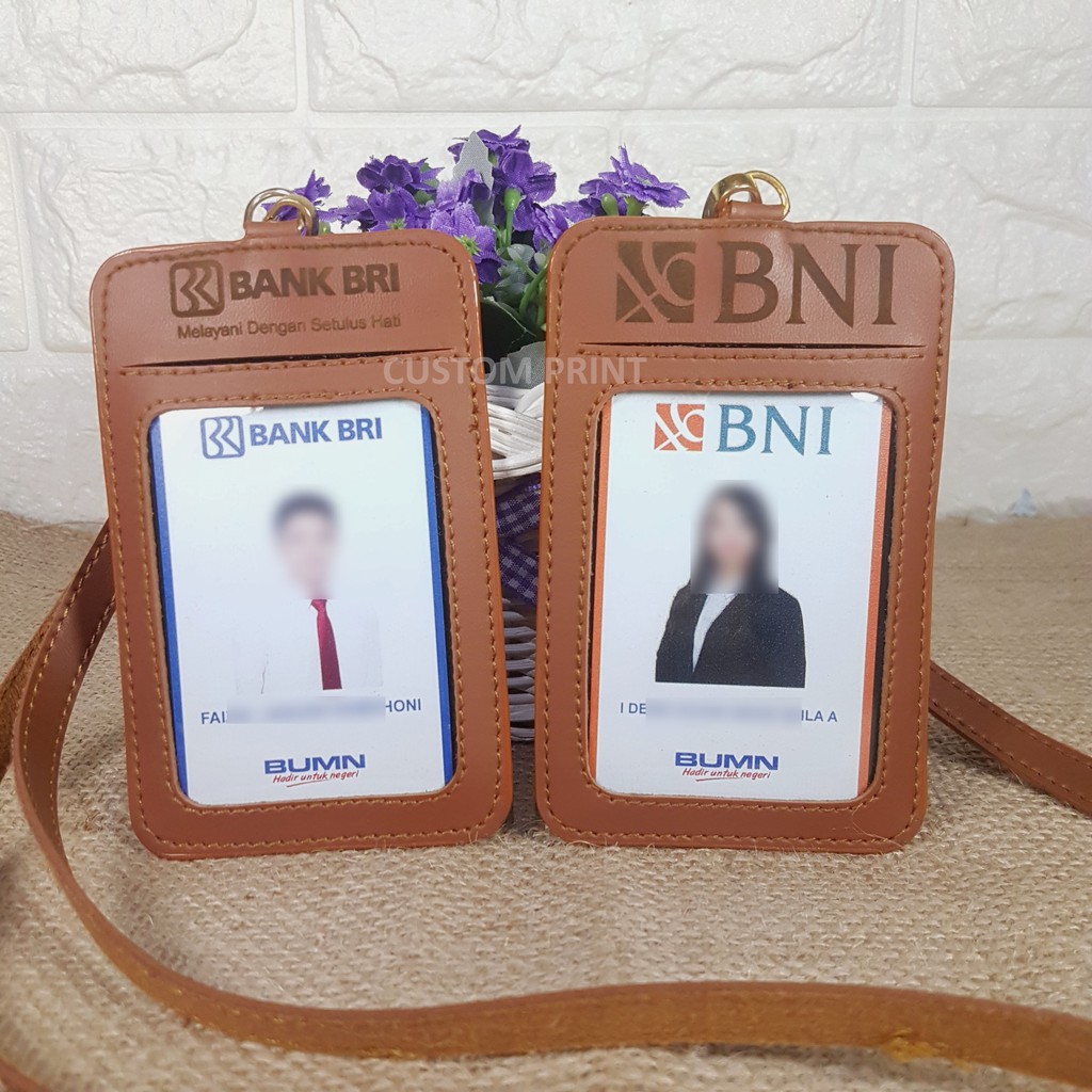 Name Tag ID Card Holder Kulit Tali Gantungan Custom Nama Logo