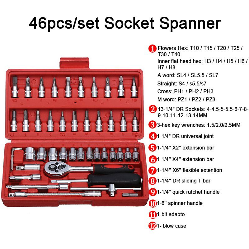 Jual Socket Wrench Set Tools 46 in 1 Kunci Shock set 46 PC Set Socket ...