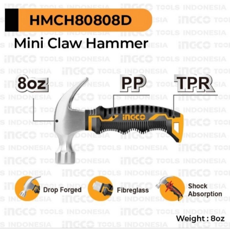 Jual mini claw hammer 8oz INGCO HMCH80808D palu martil kambing kecil ...