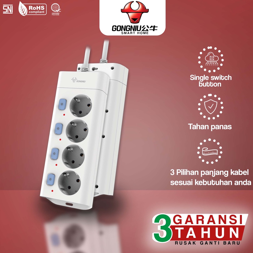 Jual GONGNIU Stop Kontak 4 Lubang Panjang 1,5M 3M 5M Stop Kontak Kabel Grounding Saklar Single ...