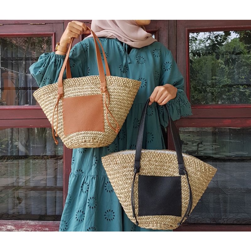 Jual Tas Anyaman Kerajinan Pandan Mendong Handle Vinyl Kulit Size M ...