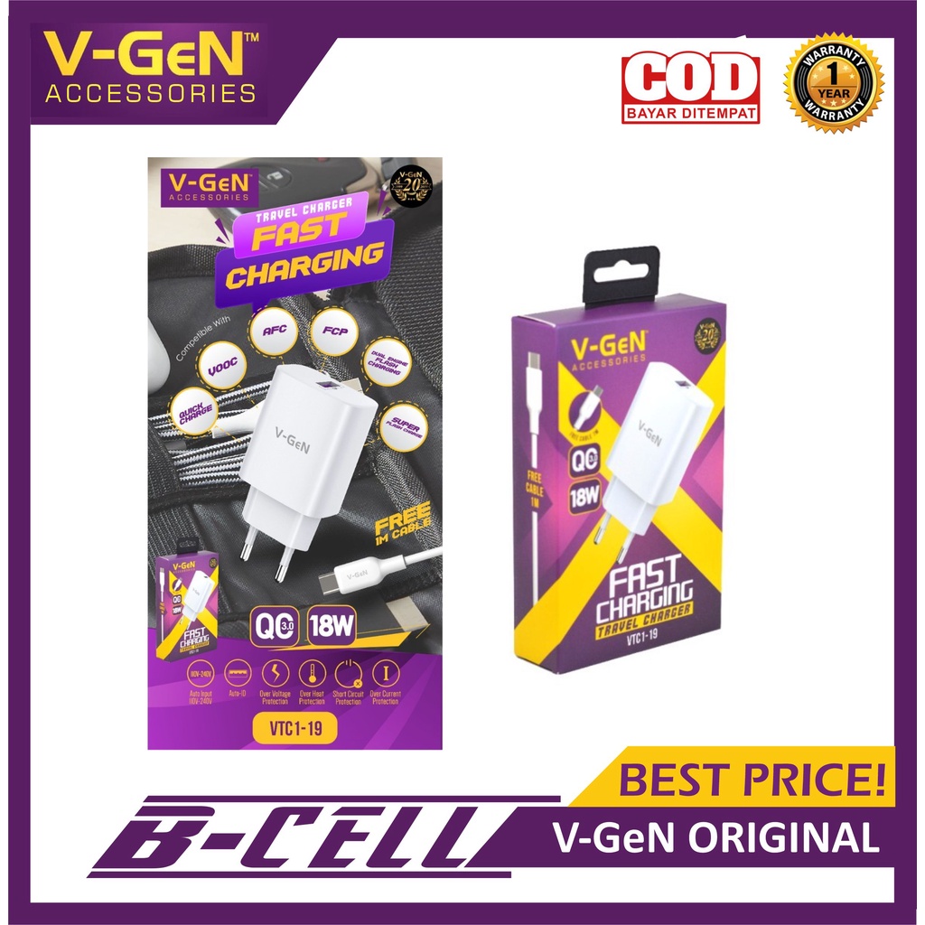 Jual Adaptor Charger V-GeN VTC1-19 Fast Charging QC VOOC AFC FCP 18W ...